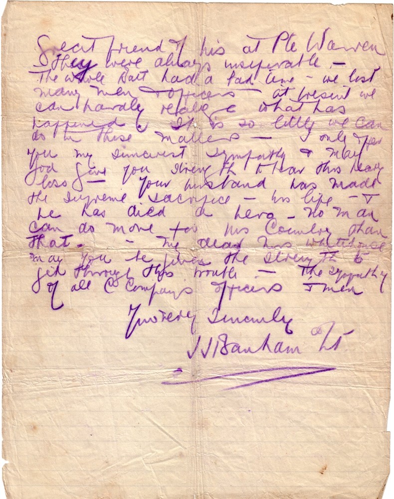 Letter of condolence to Ethel Whitehouse from Lieutenant J J Banham ...