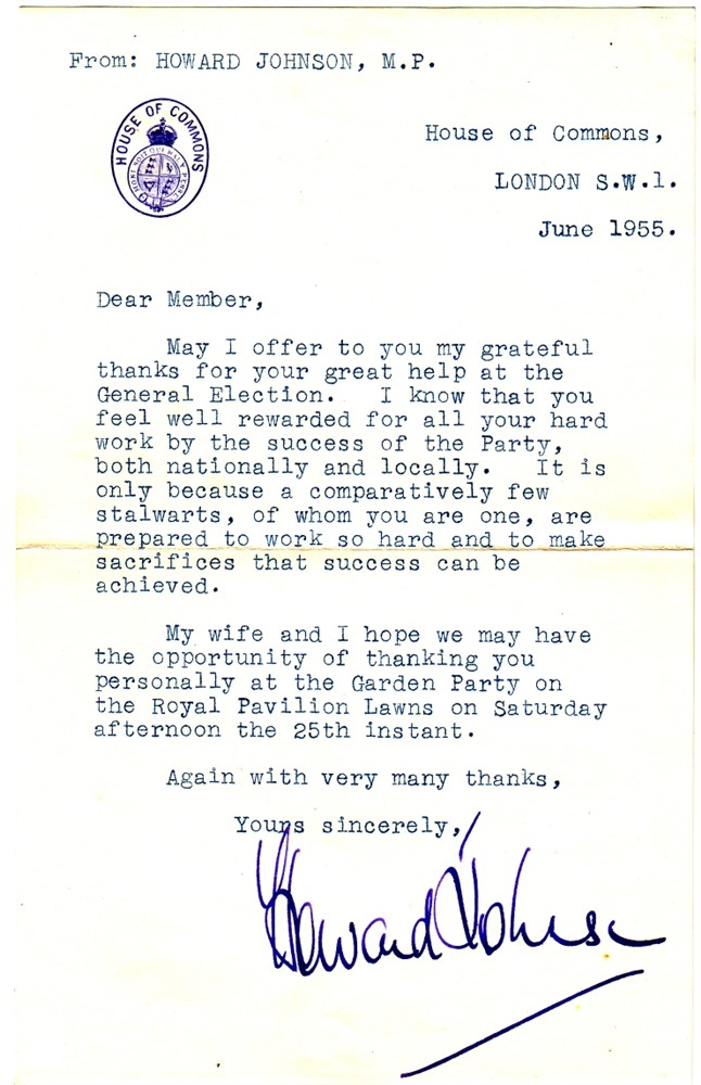 Letter from Howard Johnson MP to Emilia Mary Lander thanking her for ...