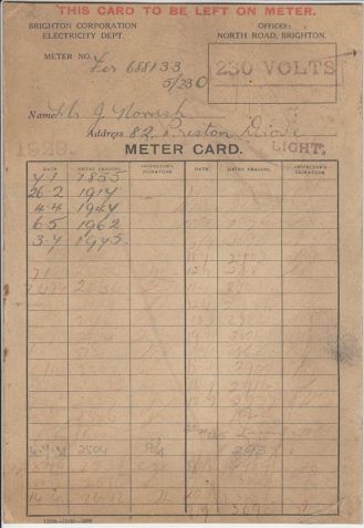 Meter reading card from Brighton Corporation Electricity Department ...