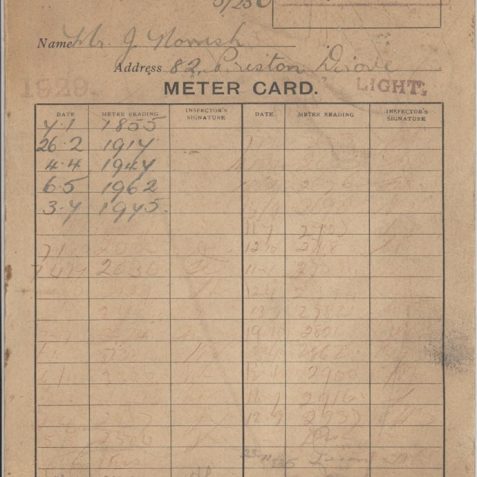 Meter reading card from Brighton Corporation Electricity Department ...
