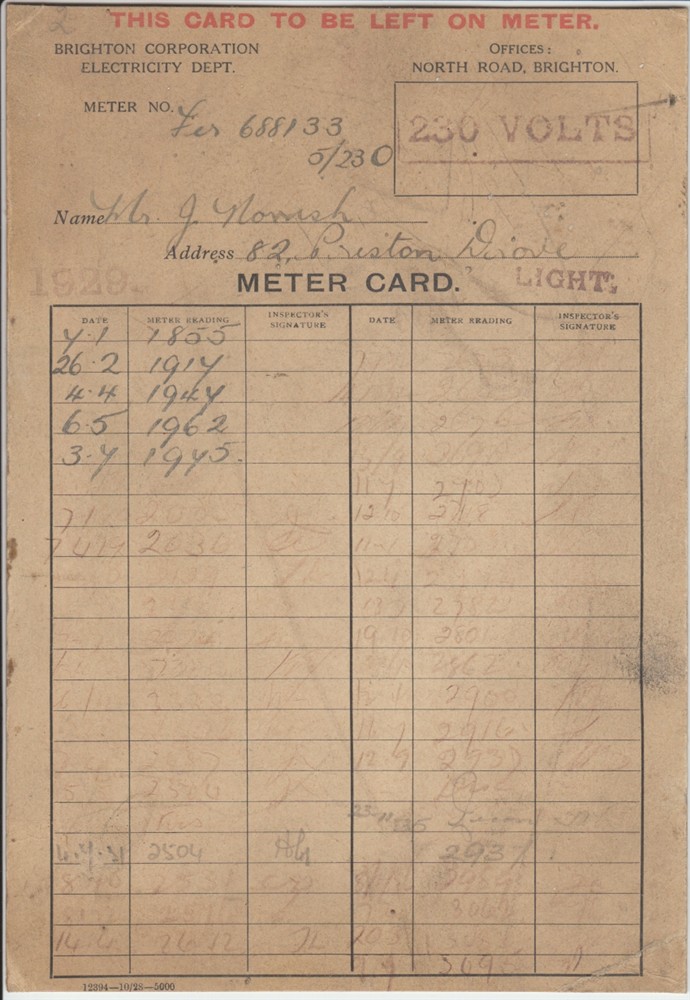 Meter reading card from Brighton Corporation Electricity Department ...