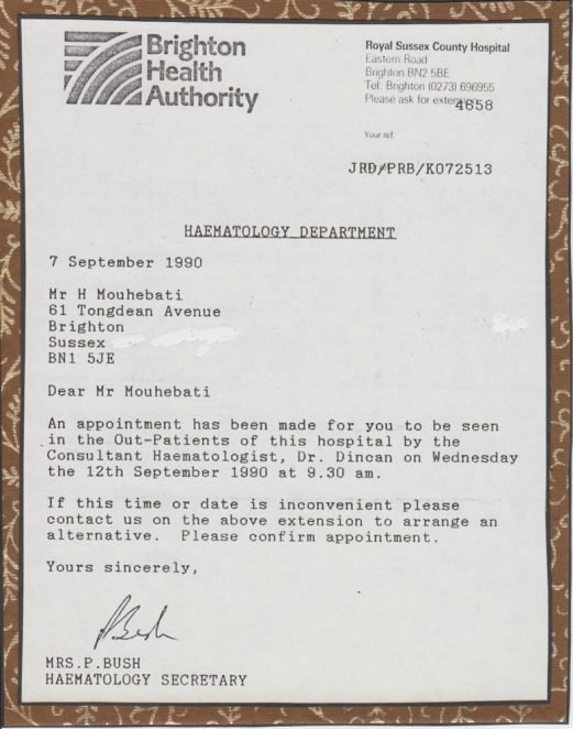 Letter from haematology department at Brighton Health Authority ...